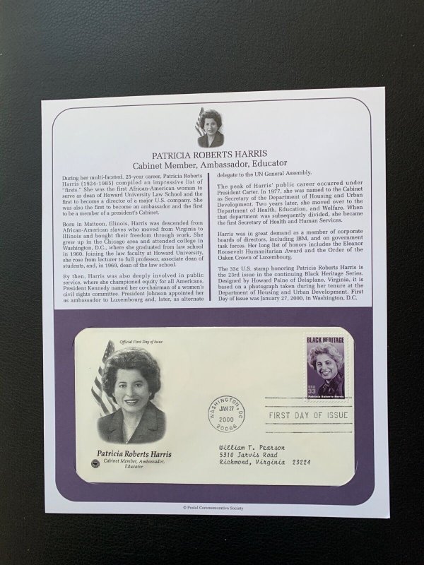 Scott 3371 2000 Patricia Roberts Harris FDC | United States, General ...