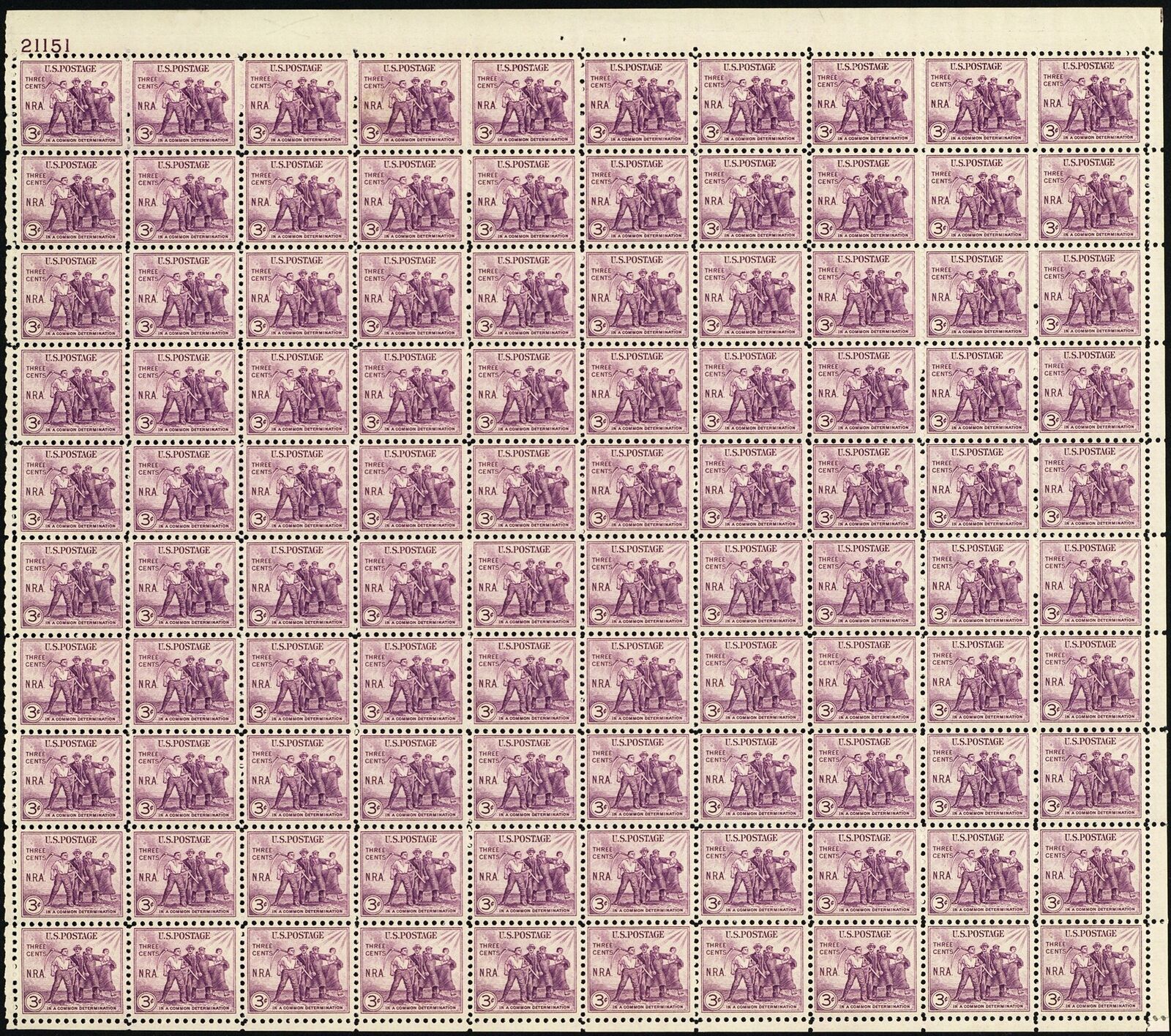 732, MNH 1933 3¢ National Recovery Ac Sheet of 100 Postage Stamps ...