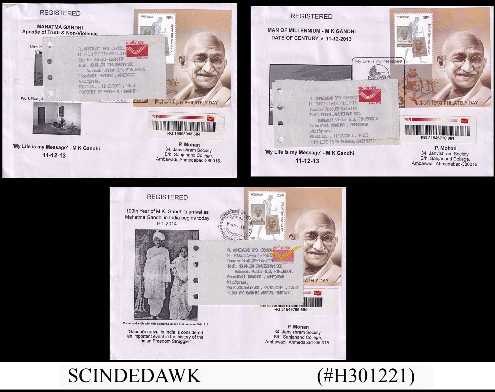 India 2013 3 Registered Covers WH Gandhi Baseline Message on Post ...