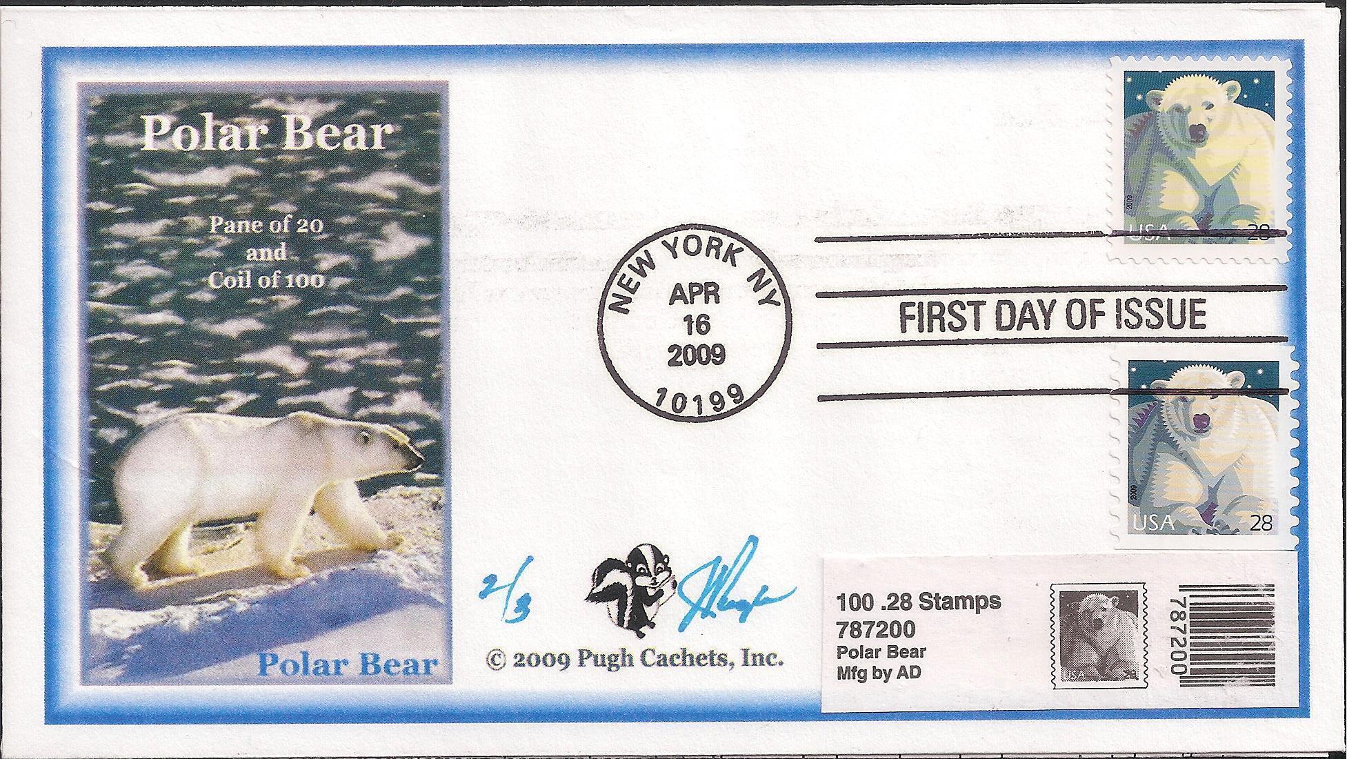Julian Pugh Hand Painted Combo FDC for the 2009 28c Polar Bear Stamps ...