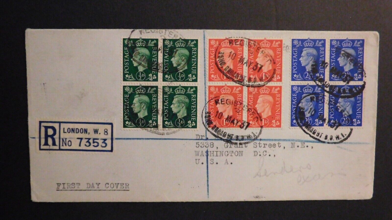 1937 Registered FDC First Day Cover London England to Washington DC USA ...