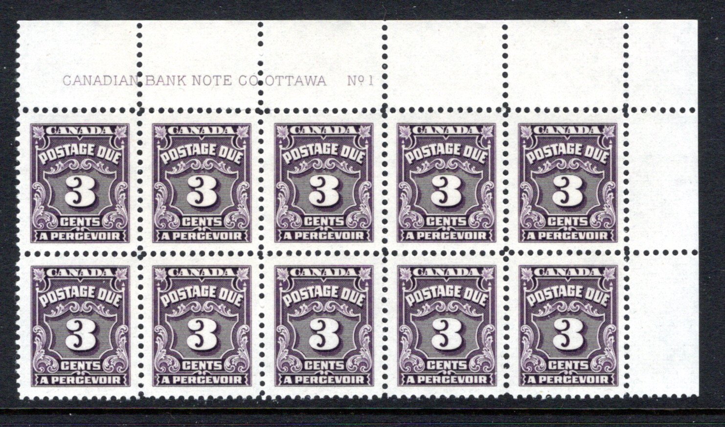 J16B, Scott, 3c, VF, UR plate block of 10, P1, 4th issue, MNHOG, Canada ...