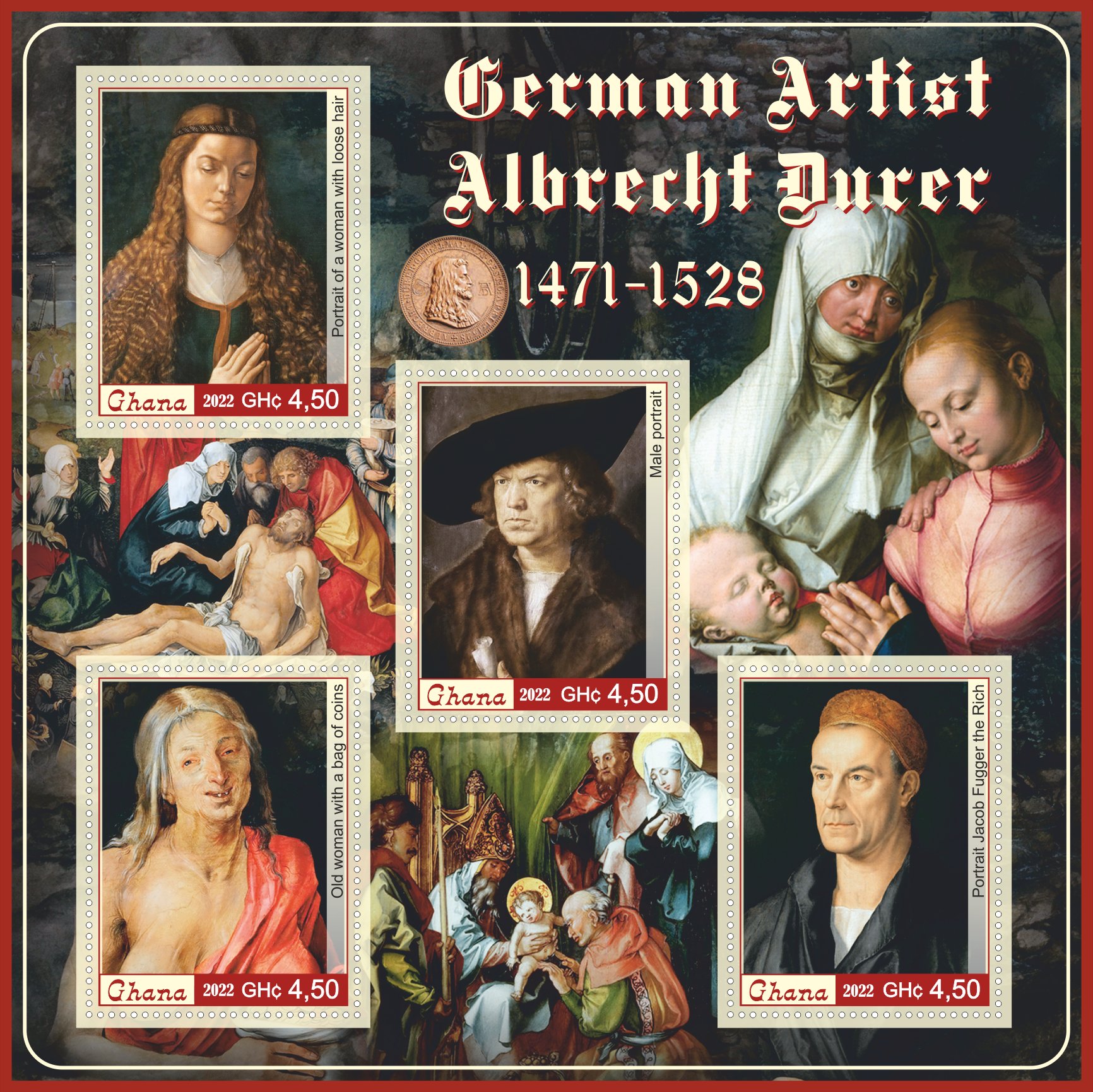 Stamps. Art. Painting Albercht Durer 2022 year Ghana 1+1 sheet ...