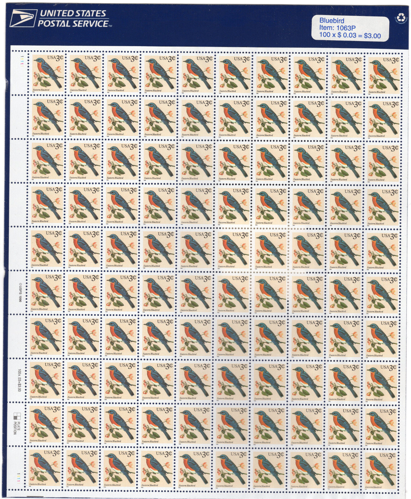 Scott #3033 Eastern Bluebird Partial Sheet of 100 Stamps - Sealed ...