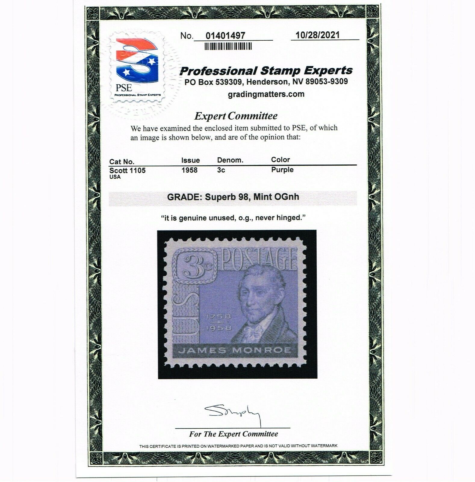 Exceptional Scott #1105 Mint OG NH James Monroe PSE Cert Graded Superb ...