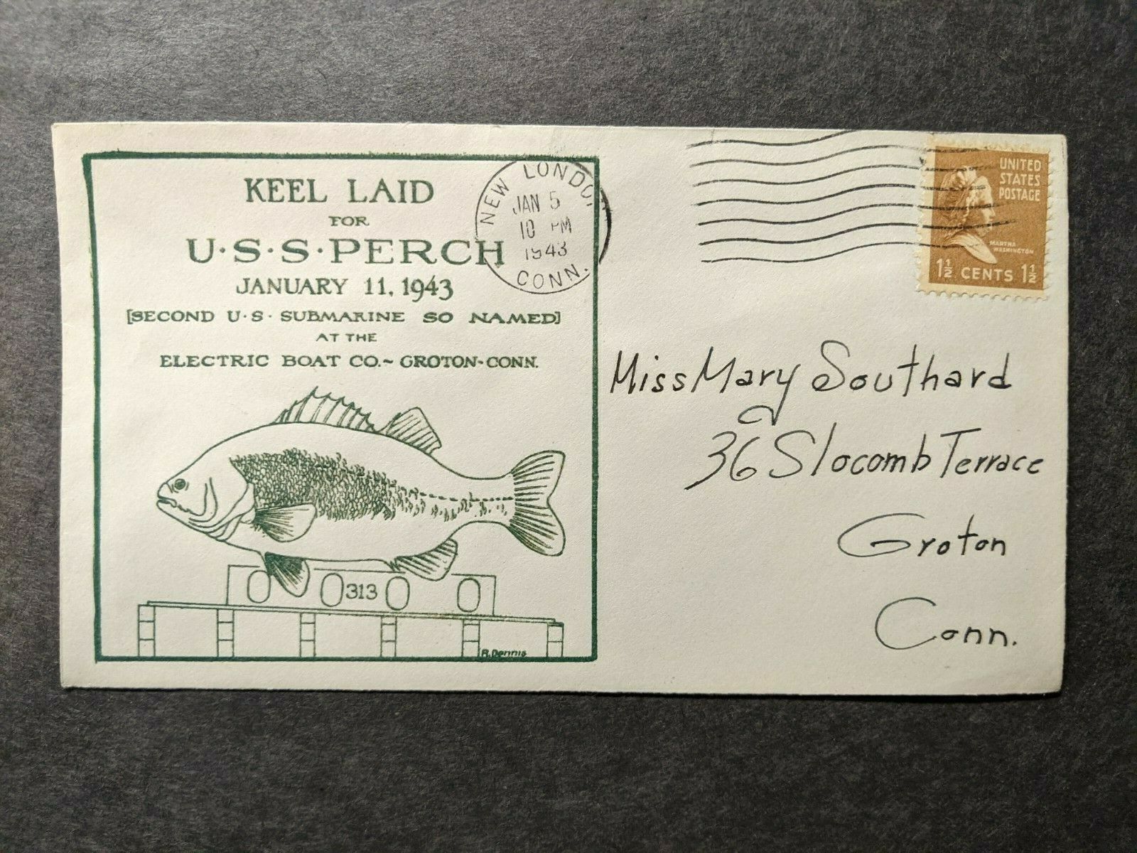 Submarine USS PERCH SS-313 Naval Cover 1943 WWII KEEL LAID Cachet ...
