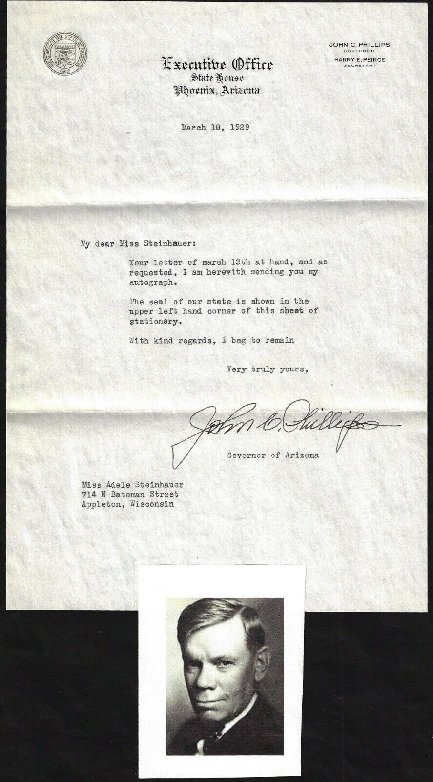 US 1929 Governor of Arizona John C Phillips Autograph & Seal of the ...