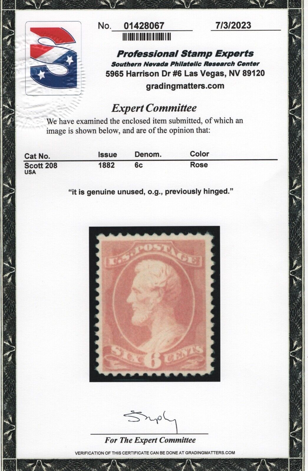 208 VF+ OG PSE cert. lightly hinged with nice color cv $ 775 ! see pic ...