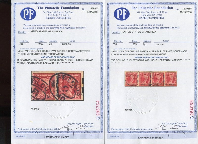 368 Schermack Used Strip & Pairs & Single Stamp with PF Certs (LV2344 ...