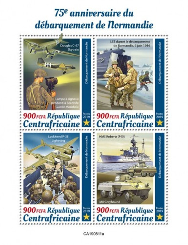 Central Africa - 2019 WWII Normandy Landings - 4 Stamp Sheet ...