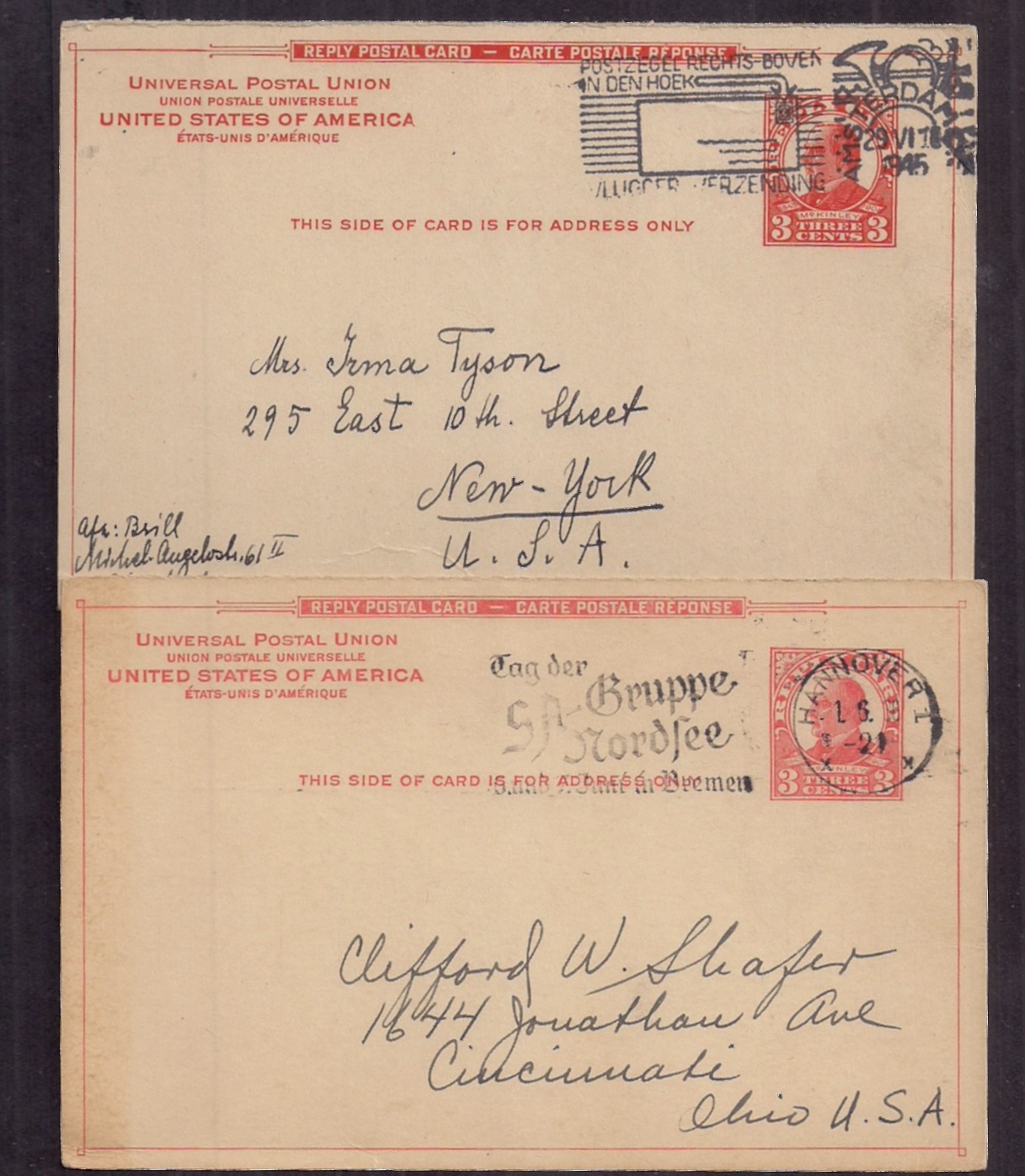 TWO #UY12r used w slogan cancels pre &post WWII, interesting messages ...