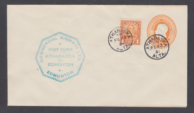 Canada Sc CL48, 160 on1c orange envelope, 1931 First Flight ATHABASCA ...