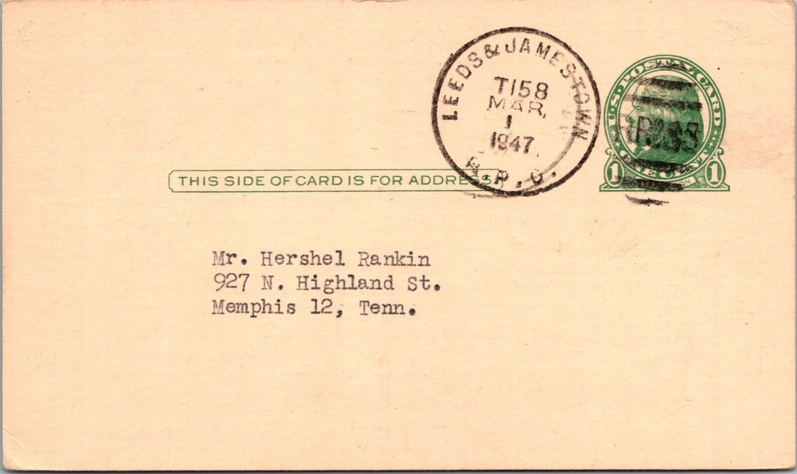 1947 Leeds & Jamestown RPO - Advertising Card - J12935 | United States ...