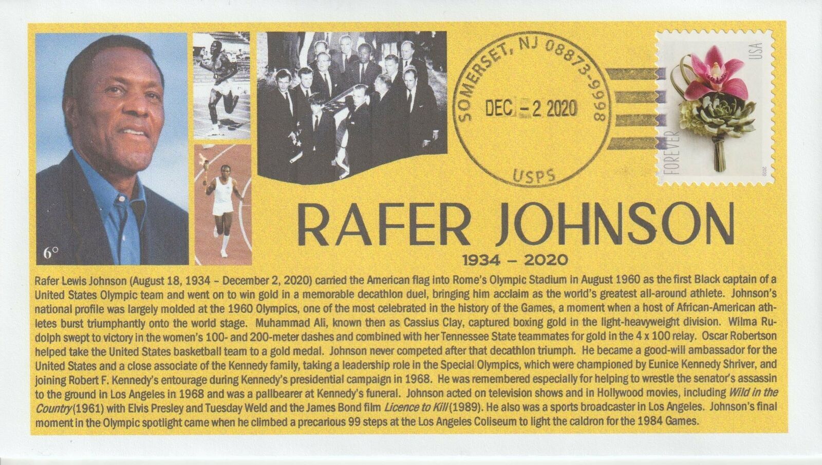 6° Cachets Olympian Rafer Johnson Rome 1960 + RFK Elvis James Bond ...