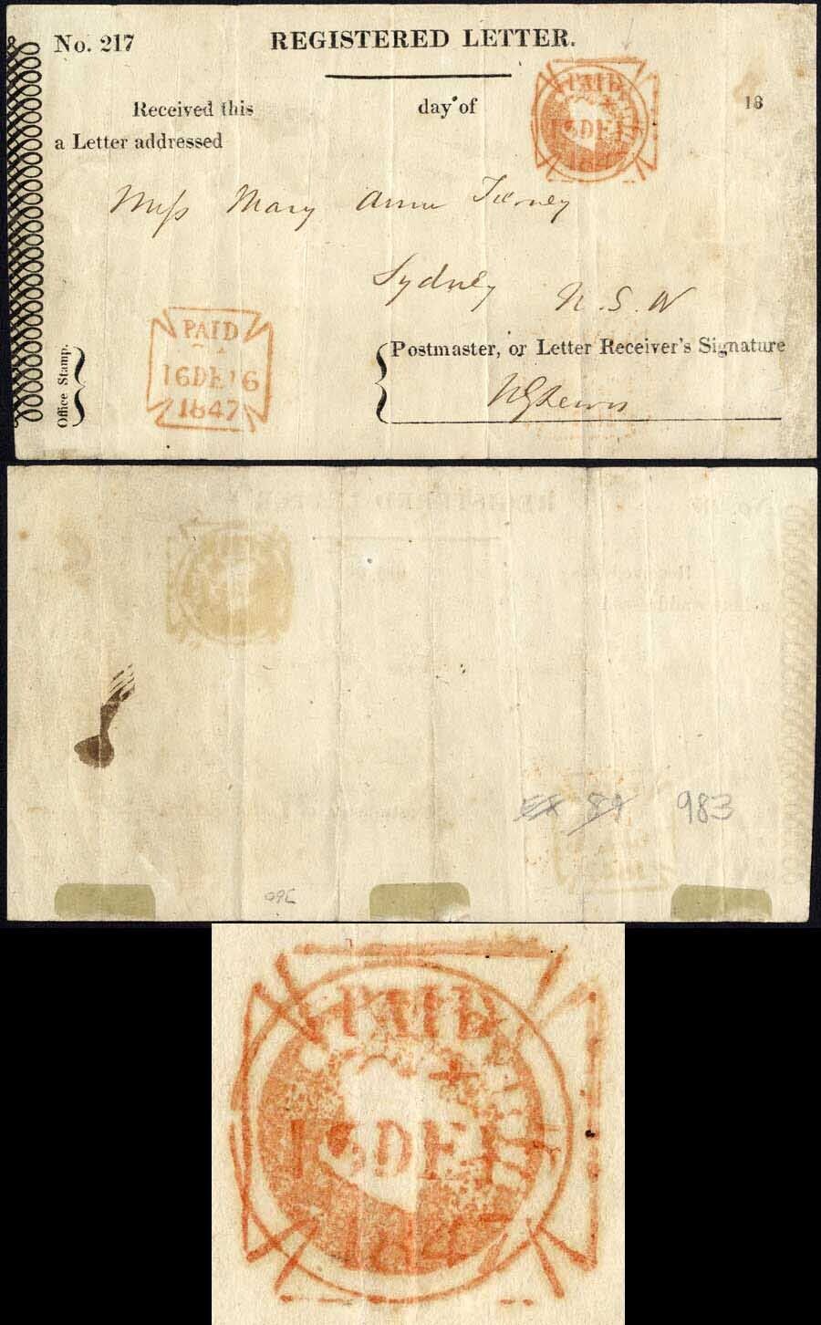 Registered Letter Receipt for Outgoing Mail to NSW UNIQUE with Bag seal ...