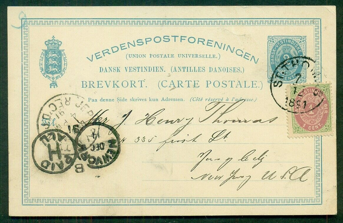 DANISH WEST INDIES, 1891, 2¢ postal card + 1¢ bisect tied ST. THOMAS to ...