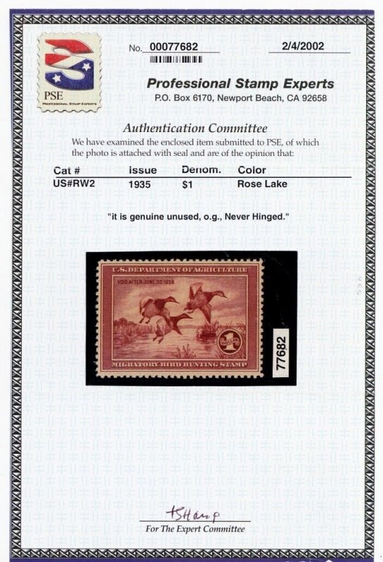 RW2, Mint VF NH $1 Federal Duck Stamp With PFC Certificate - Stuart ...