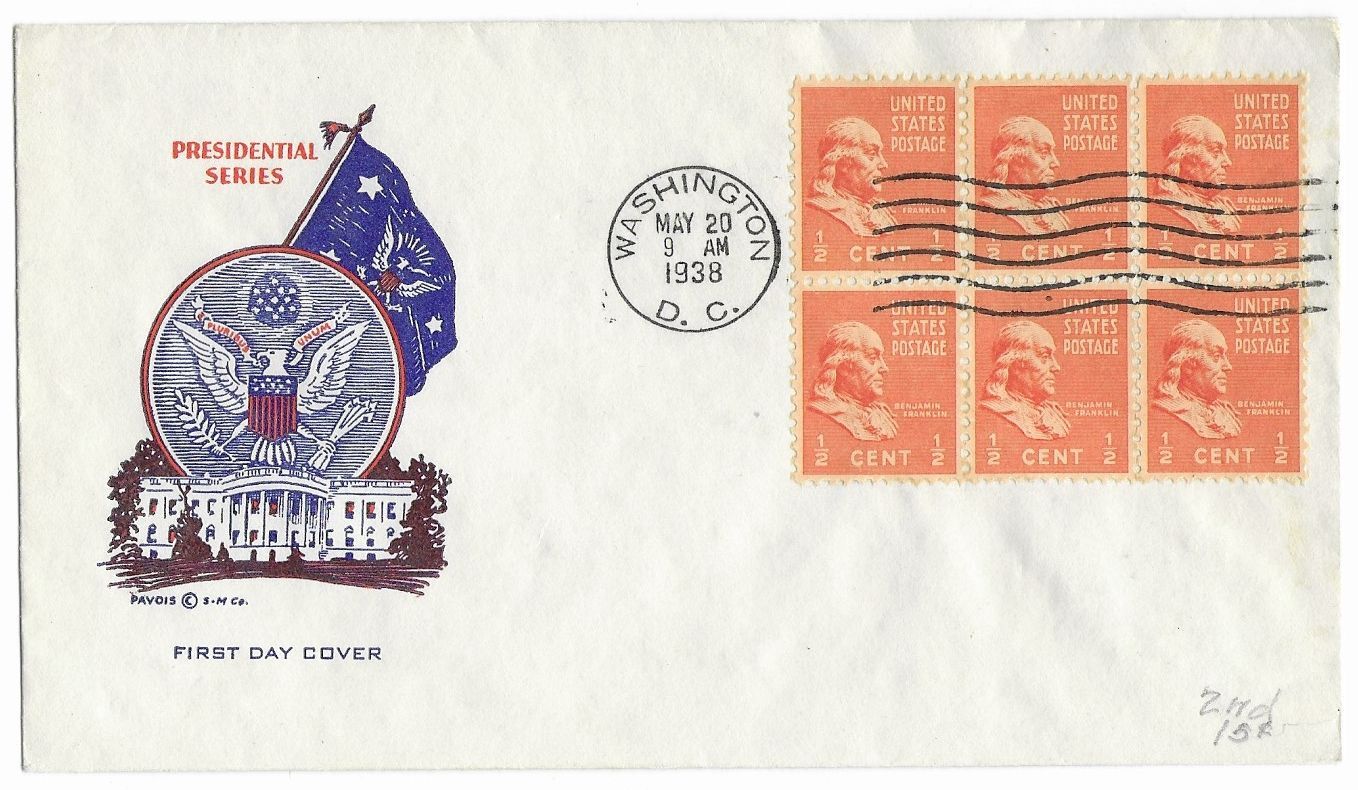 1938 Prexie FDC, #803, 1/2c Benjamin Franklin, Pavois, block of 6 ...