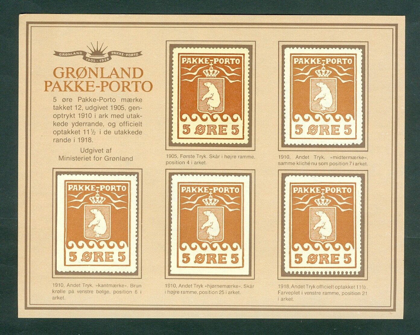 Greenland. 1983. 5 Sheet Reprint 1905 Parcel Stamp. 1-5-10- Ore. Blue ...