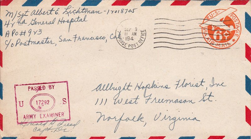 United States A.P.O.'s 6c Monoplane Air Envelope c1943 ]U.S. Army], 7th ...