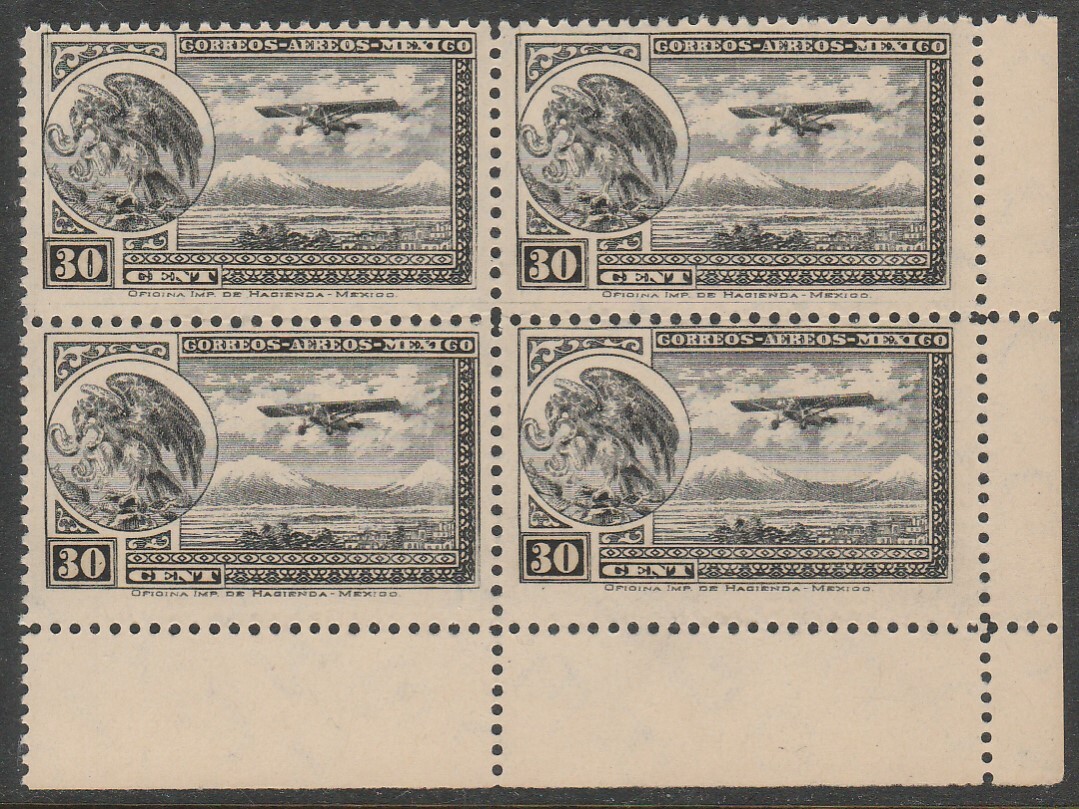 MEXICO C14, 30¢ Early Air Mail Plane and coat of arms MINT, NH. BLK 4 ...