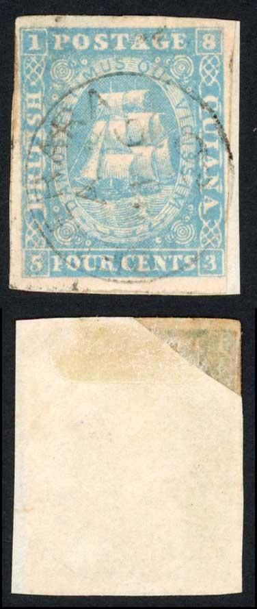 British Guiana SG19 4d blue Fine Four Margins on tiny piece Cat 800 ...