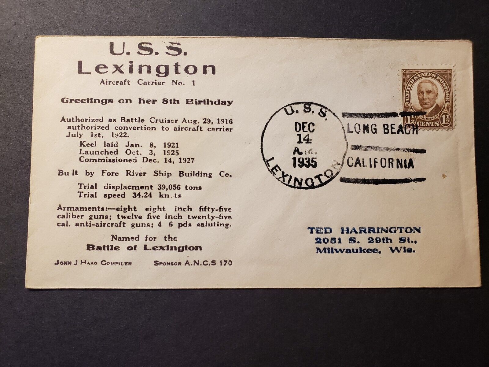 Aircraft Carrier USS LEXINGTON CV-2 Naval Cover 1935 HARRINGTON Cachet ...