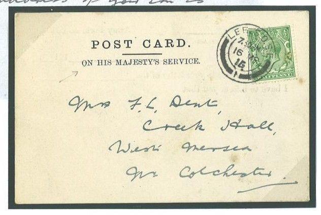 WW1 OHMS Army Form Postcard 1915 Grove Park Lee (Essex) West Mersea ...