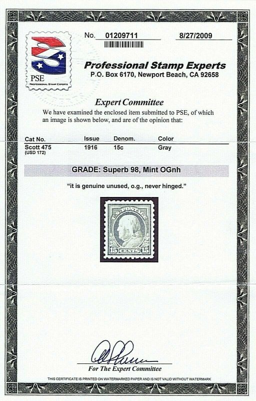 SC# 475 Unused OG MNH 15c Franklin 1916 2018 & 2009 PSE Certs Grade S ...