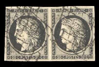 France, 1850-1900 #3 Cat$92.50, 1850 20c black, horizontal pair, used ...