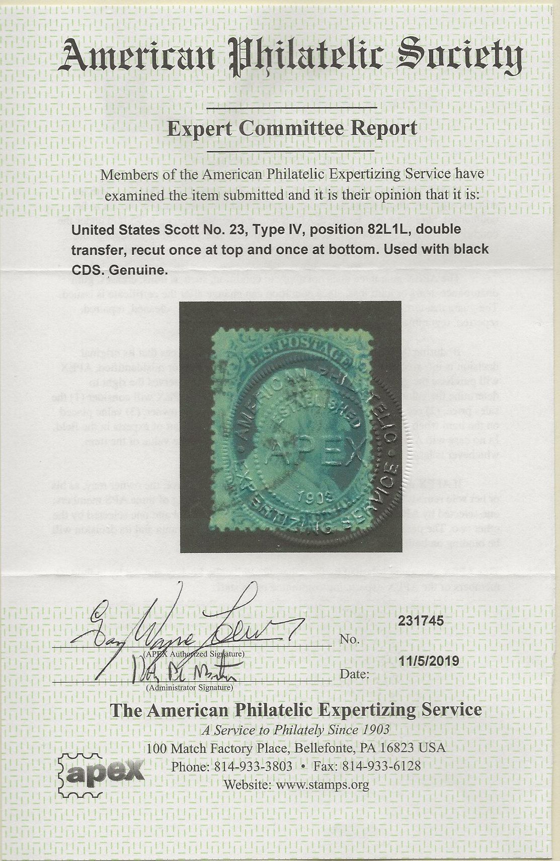 US #23 USED 1 Cent Blue Franklin Double Transfer Recut APEX Cert ...