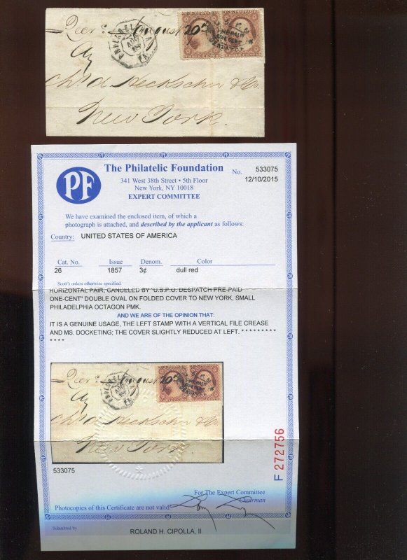 26 Pair on Cover With Uspo Despatch PRE Pair Once Cent Double Oval CCL ...