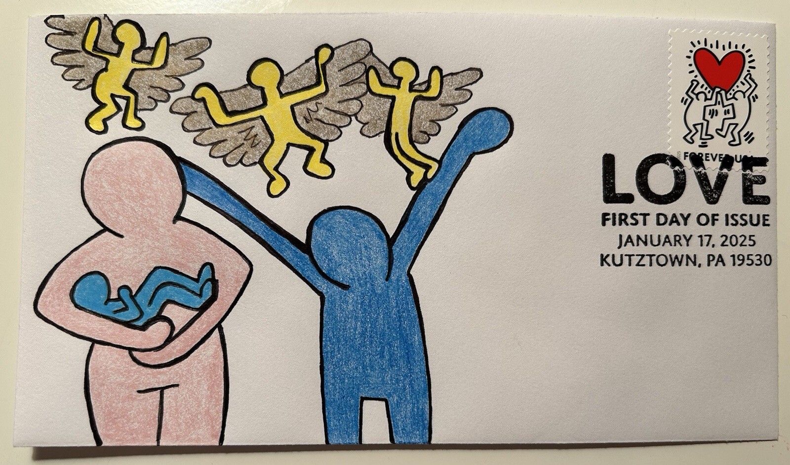 2025 LOVE stamp FDC Keith Haring Kutztown Hand Drawn Cachet Christmas ...