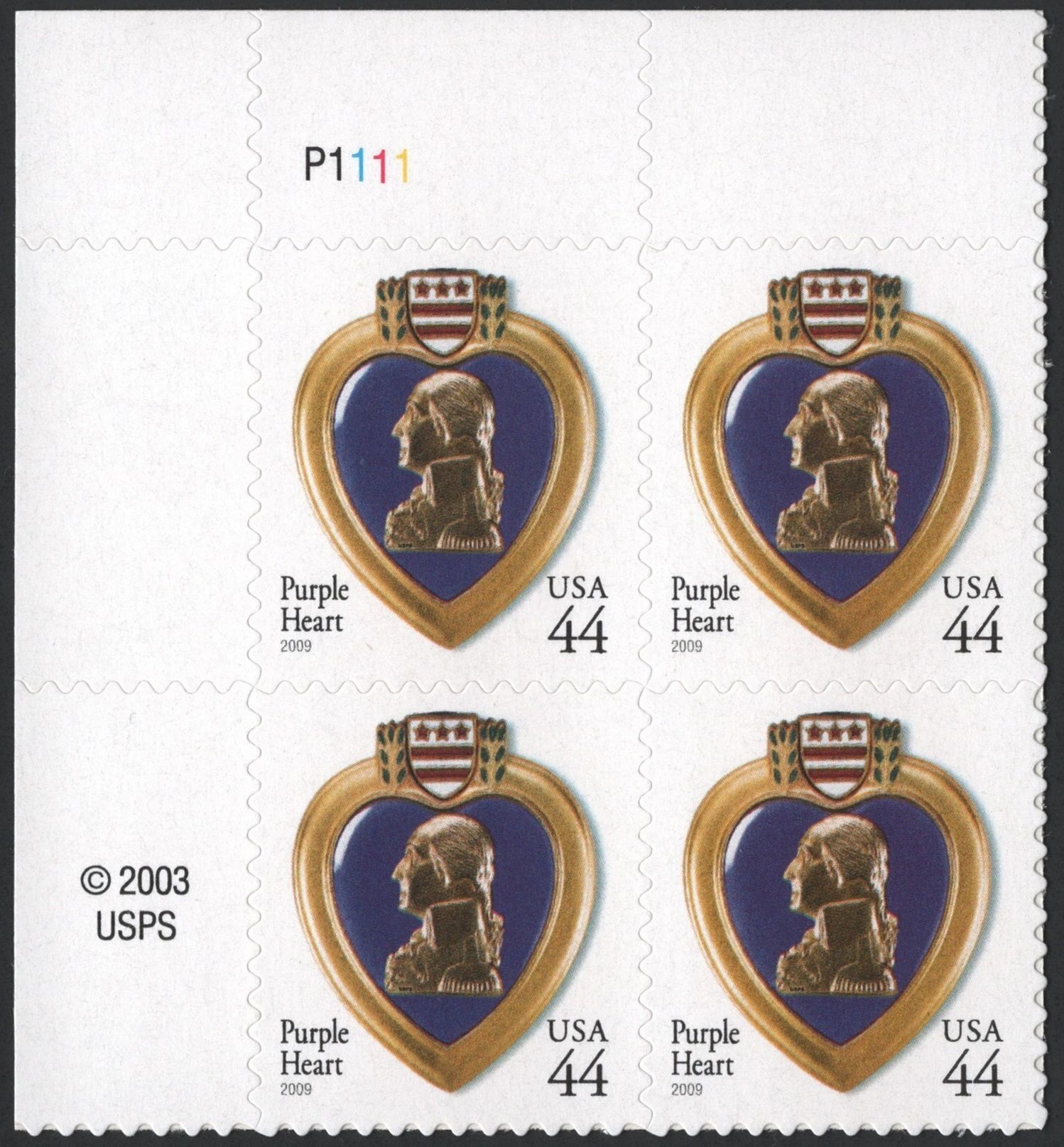 SC#4390 44¢ Purple Heart Plate Block: UL #P1111 (2009) SA | United ...