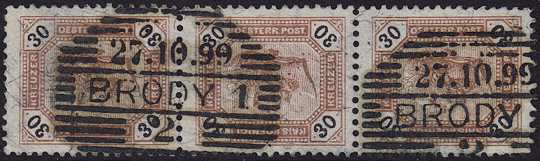 Austria - 1891 - Scott #68 - used strip of 3 - BRODY 1 pmk Poland ...