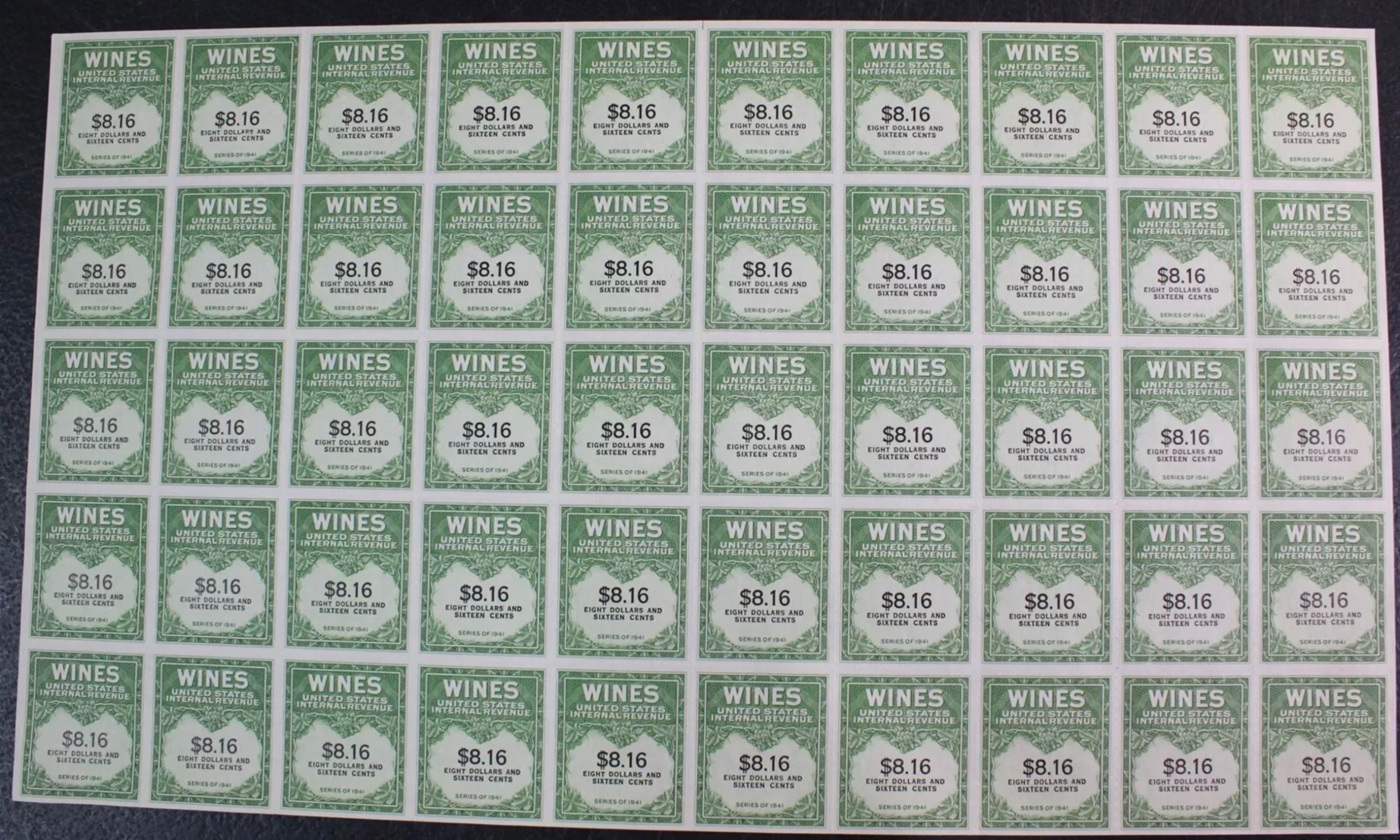 US Wines $8.16 Revenue Stamps Collection 1951 Scott #RE203 Sheet of 50 ...