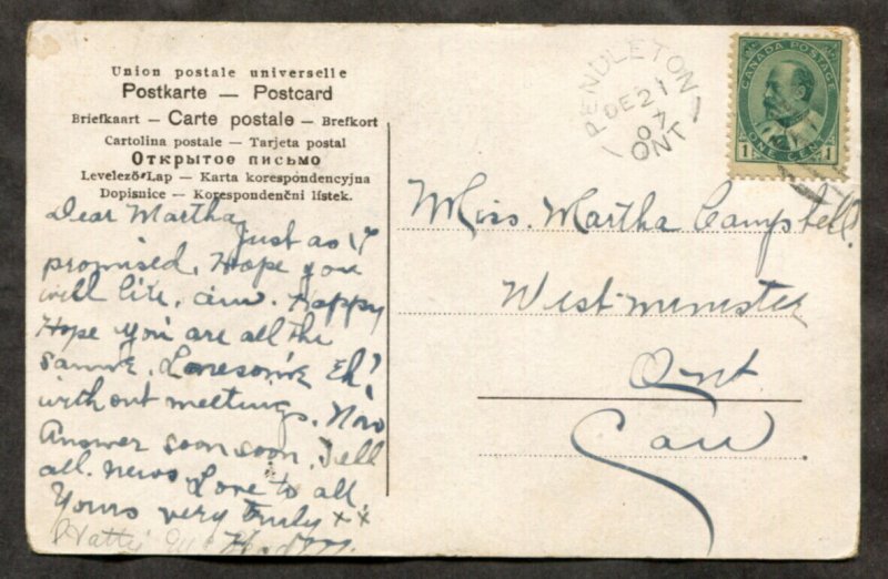 1013 - PENDLETON Ontario Prescott 1907 Broken Circle on Postcard ...