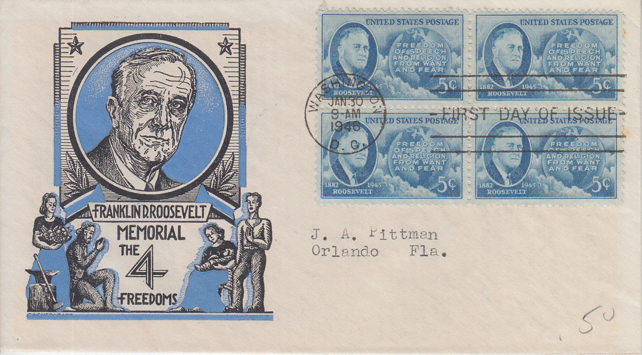 1945 Roosevelt Memorial (4) B4 (Scott 930-33) Staehle TA FDC | United ...