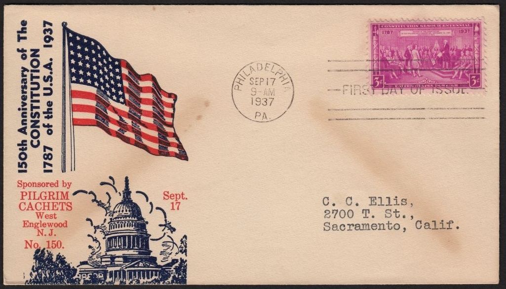 1937 Sc 798-2 Constitution 1st Pilgrim cachet RARE CV $125 / HipStamp