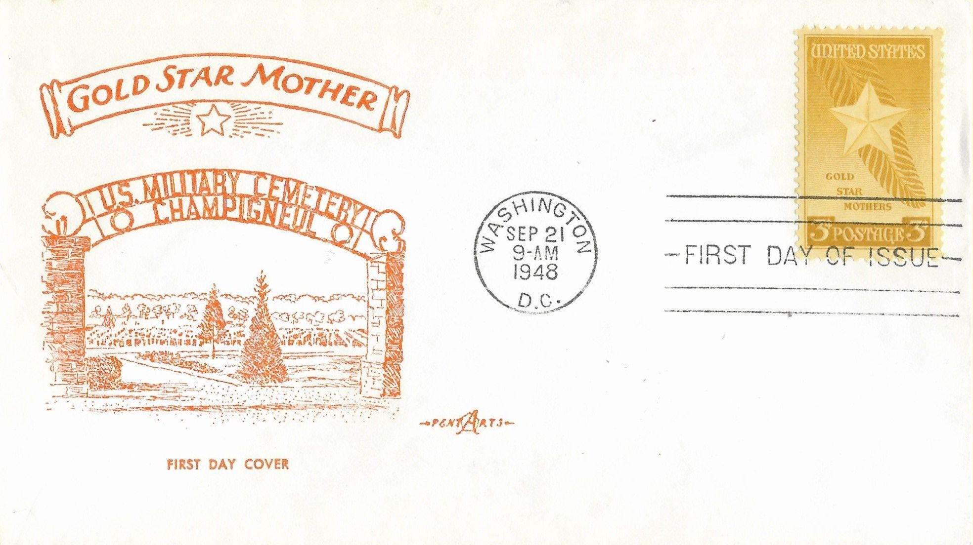1948 FDC, #969, 3c Gold Star Mothers, Pent Arts | United States ...