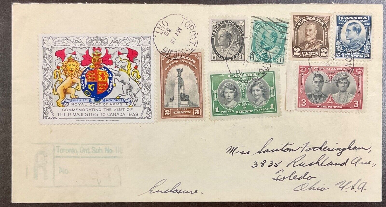 1939 Canada Cover with 74, 89, 182 & 193 and Seal Commemorating Royal ...