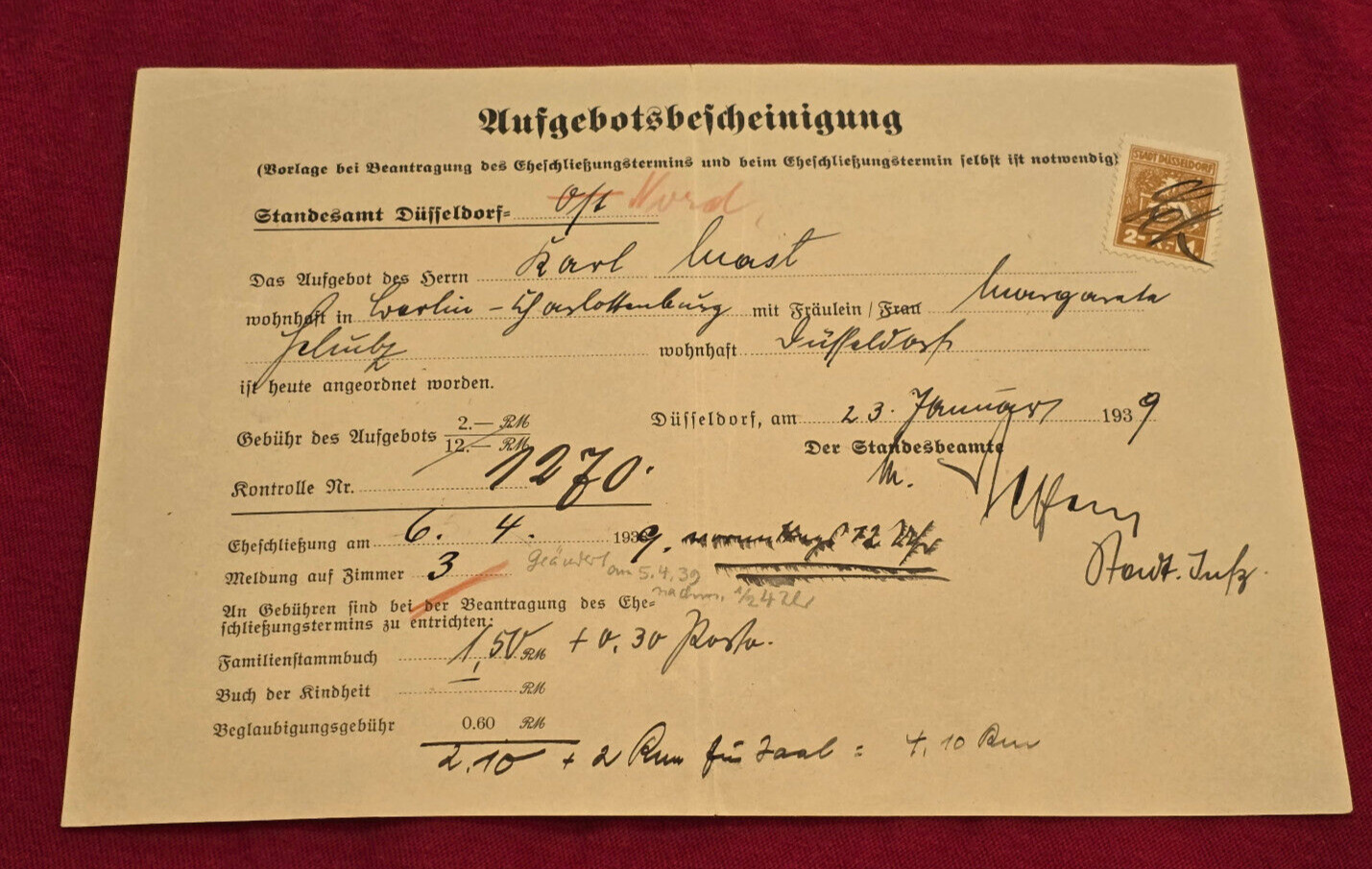 1939 Third Reich Era Notice to appear Nazi German Document w Tax Stamp ...