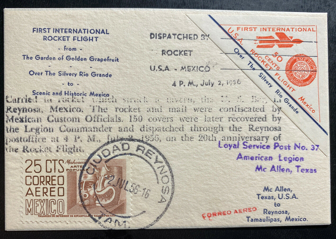 1956 McAllen USA Rocket Mail 20th Anniversary Flight cover Signed Mixed ...