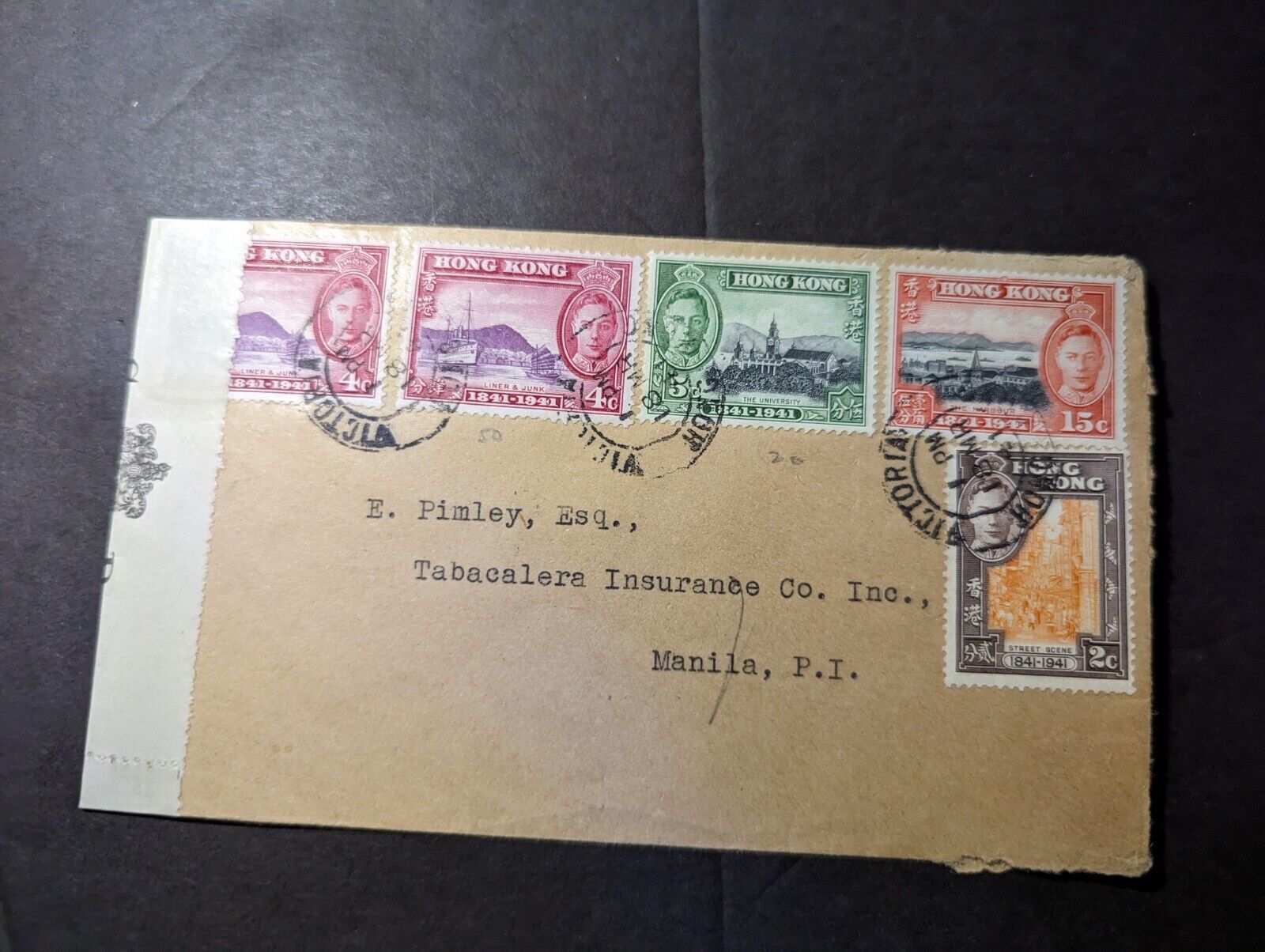 1941 Censored British Hong Kong Cover Victoria to Manila PI Philippines ...