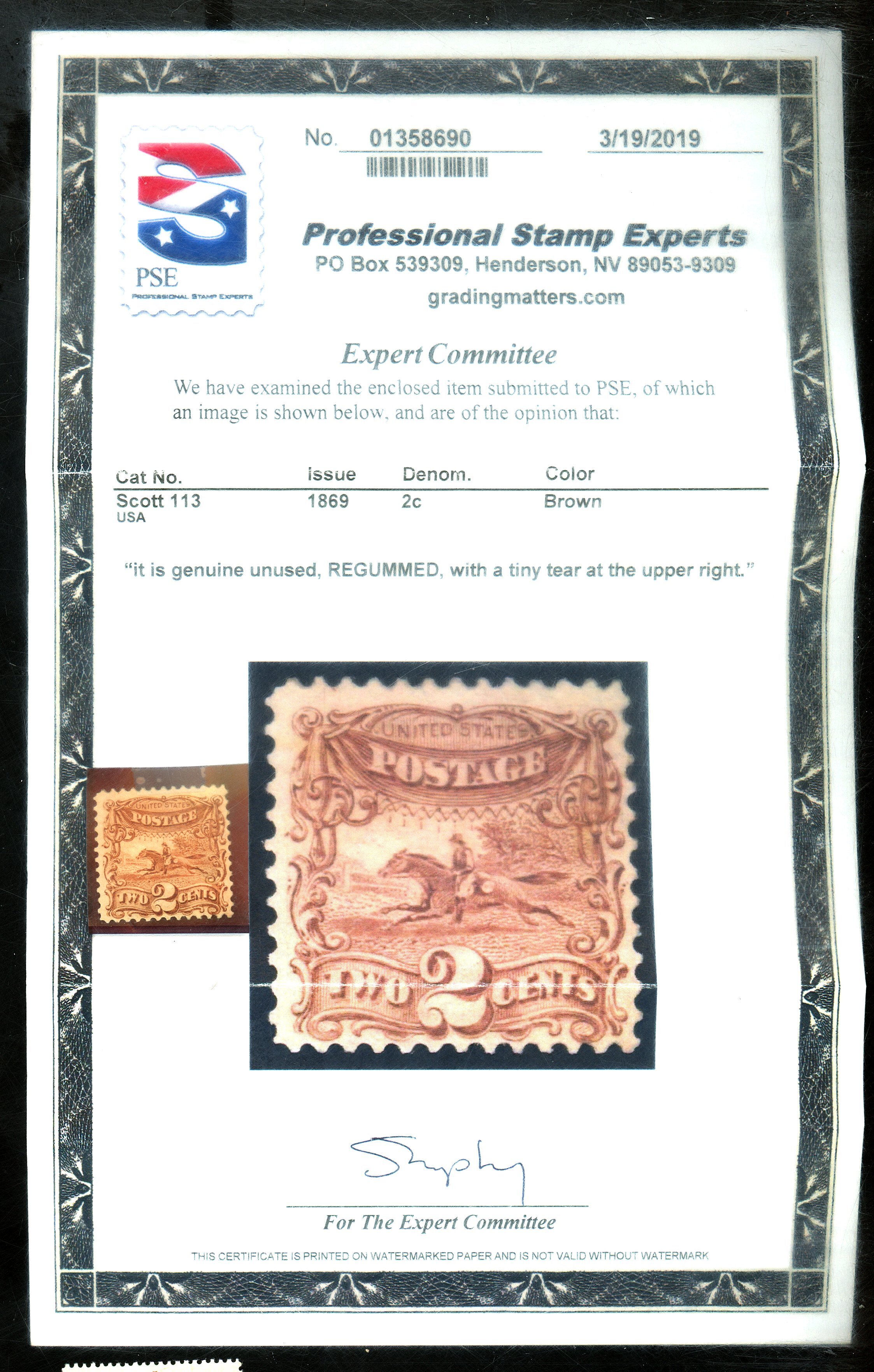 113 Mint PSE Cert FVF Regummed V Tiny Tear Cat $190 | United States ...