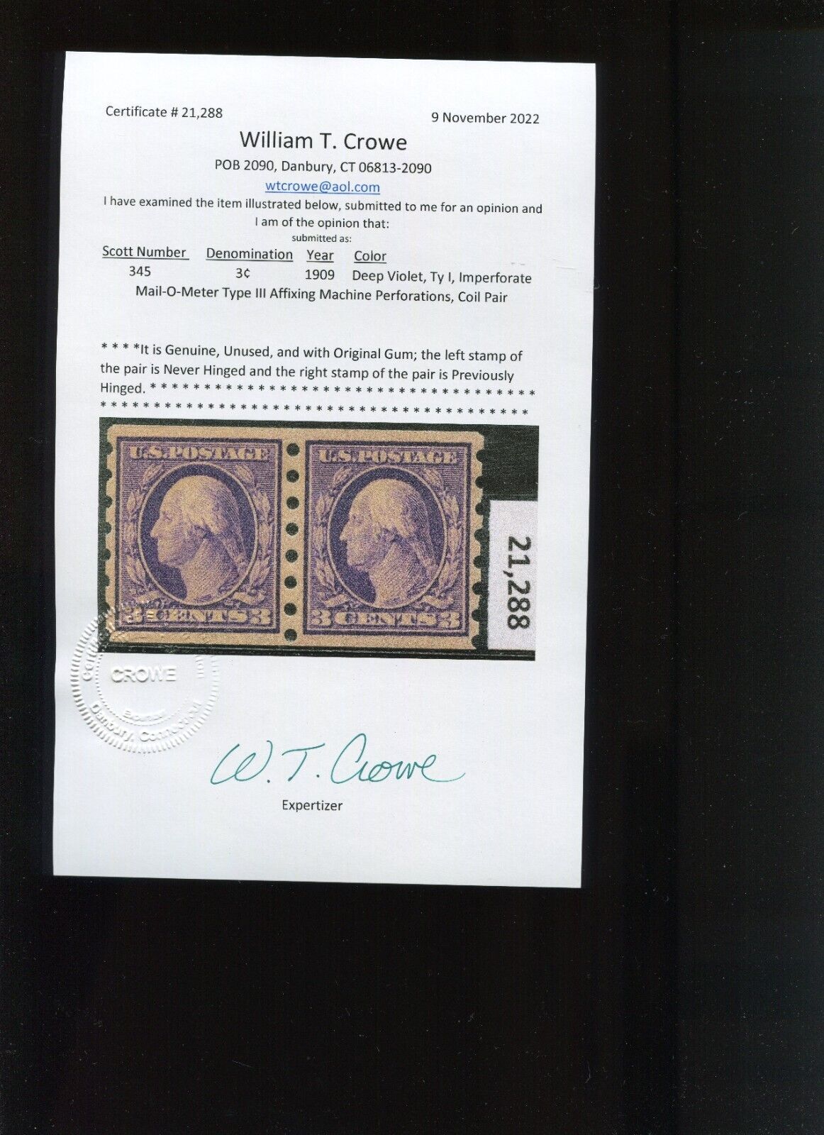 345 Mailometer Type III Mint Pair of 2 Stamps with Crowe Cert (Bz 1119 ...