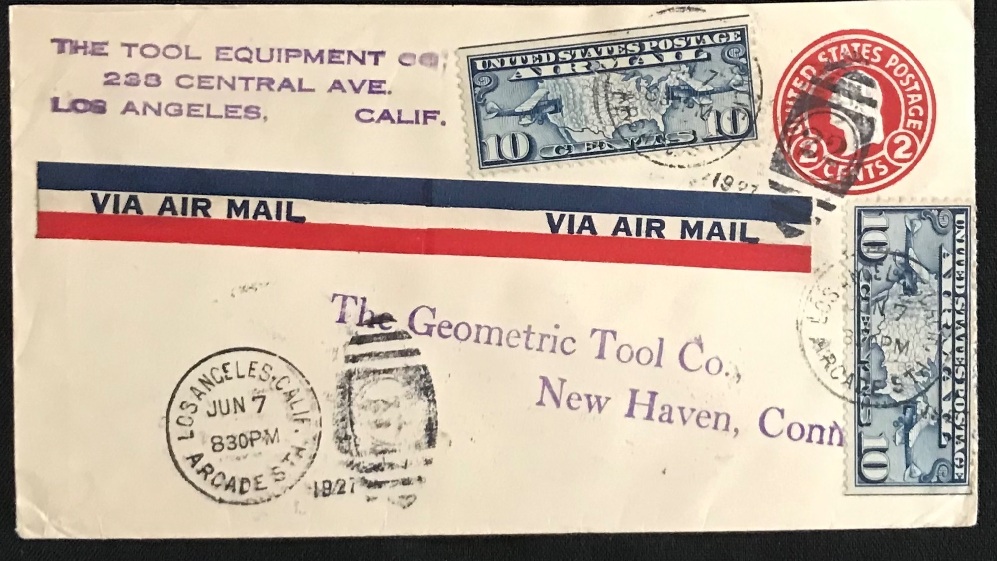 US #C7 (2) #U429? Air Mail Cover LAX CA to New Haven CT 6/7/1927 L17 ...