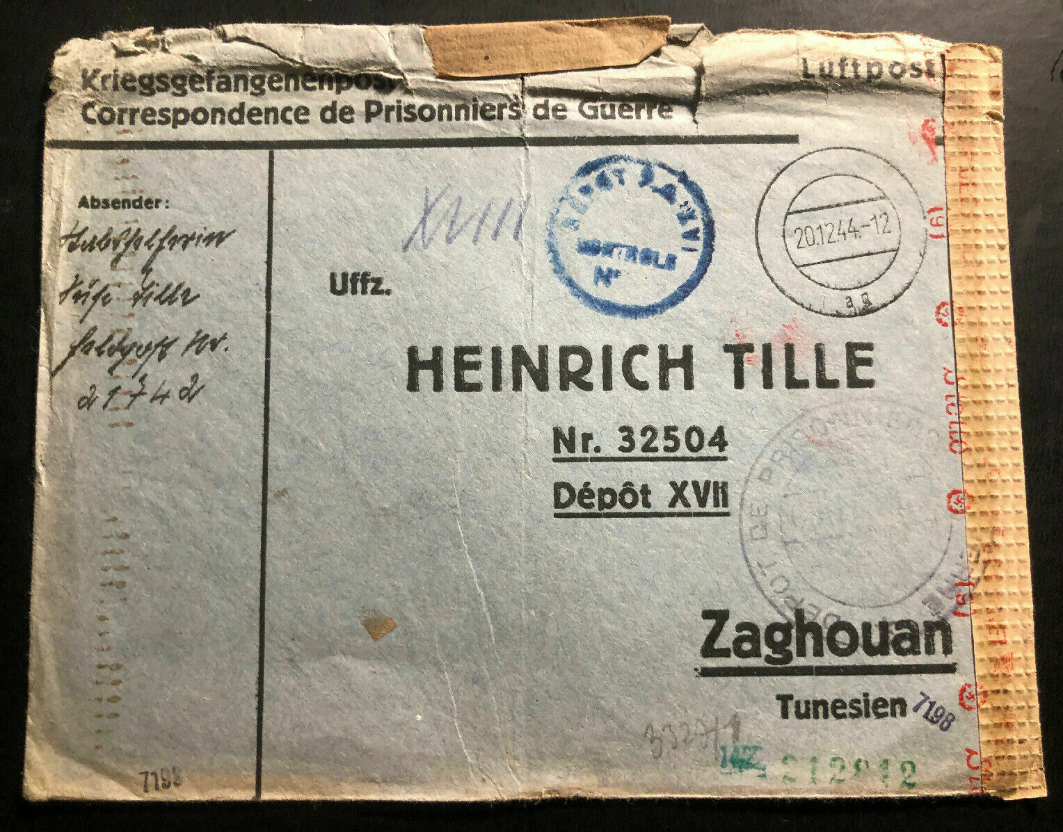 1944 Germany Censored Cover To Zaghouan Tunisia Prisoner Of War POW ...
