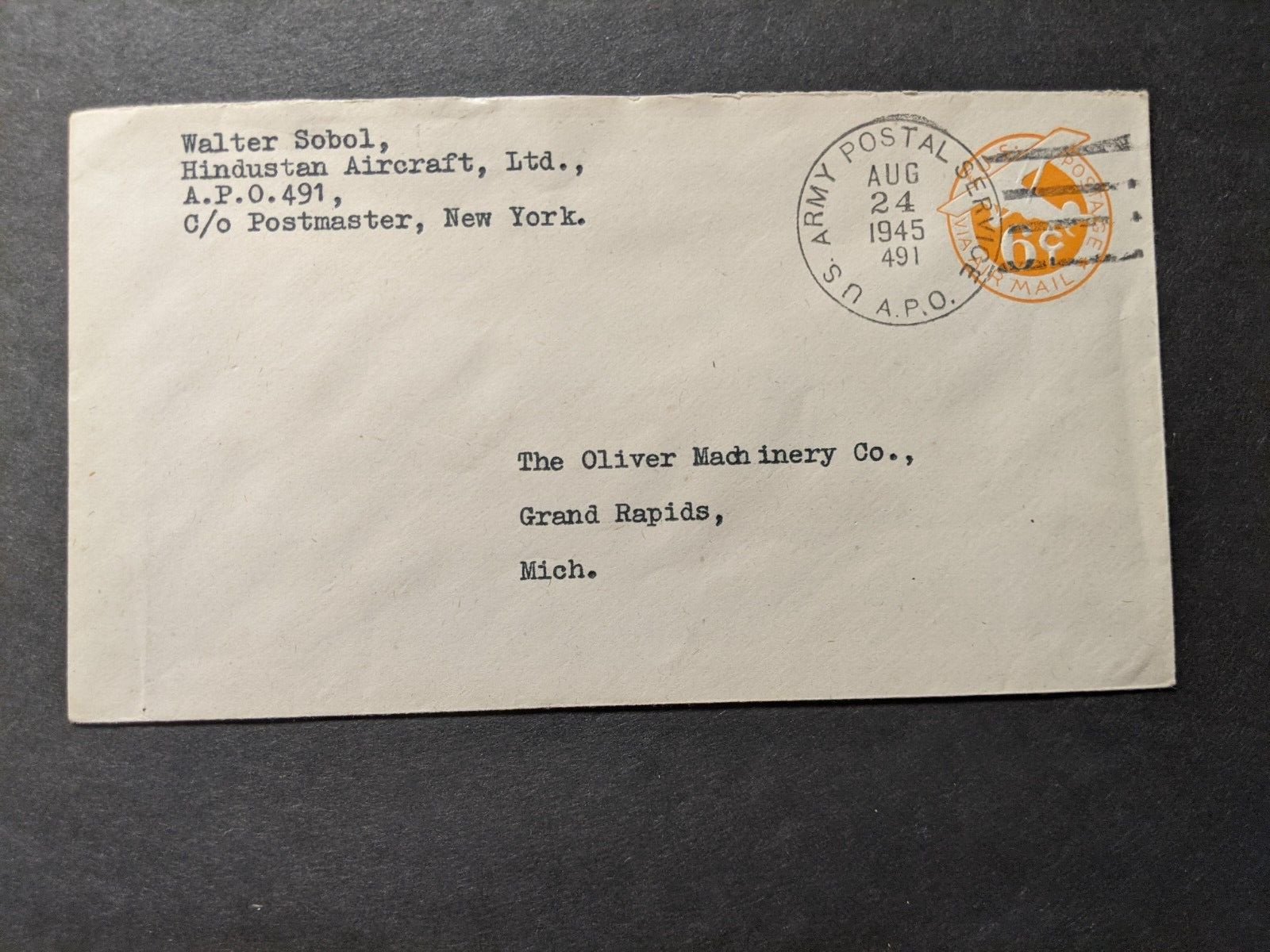 APO 491 Bangalore, India, CBI 1945 Wwii Army Cover Hindustan Aircraft ...