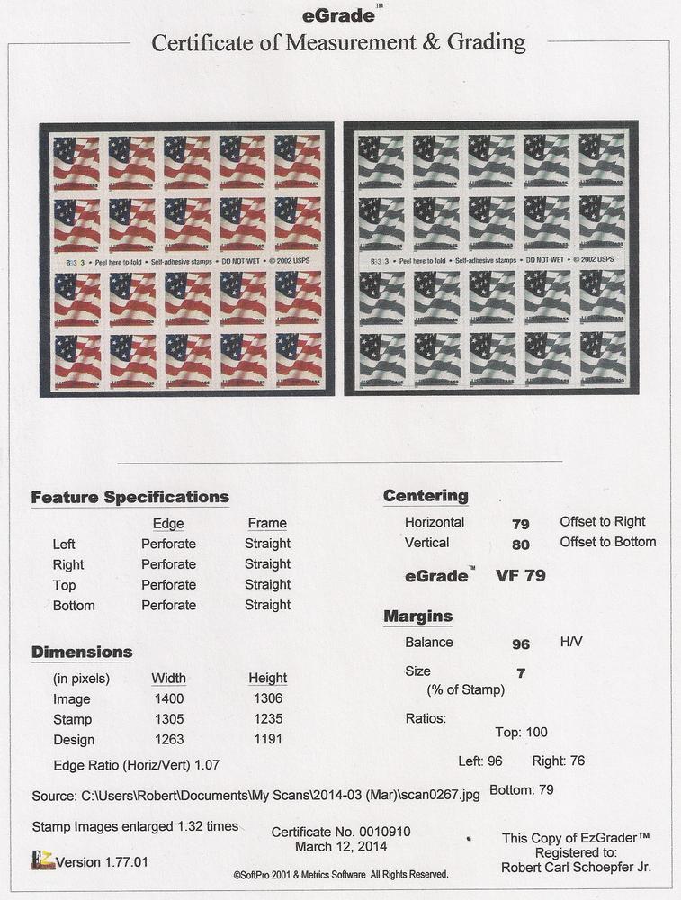 #3623A (37) cents USA Pane Stamp Mint OG NH EGRADED VF 79 | United ...